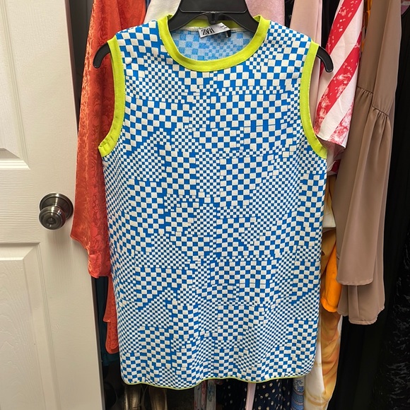 Zara | Dresses | Zara Blue Checker Dress Bright Green Trim | Poshmark